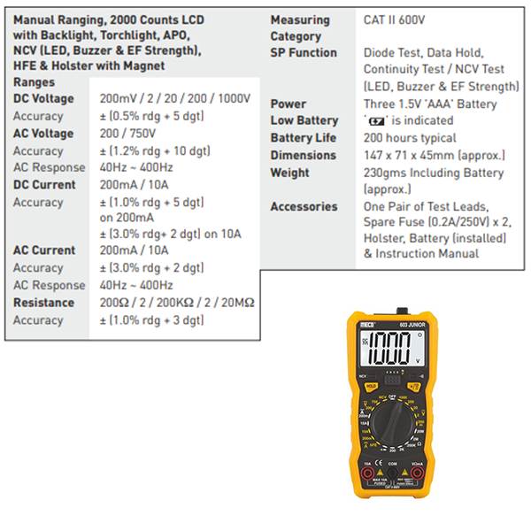 MECO 603 JUNIOR Digital Multimeter - Knowledge Electronics